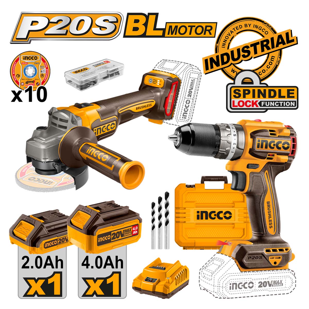 Ingco Σετ Γωνιακός Τροχός & Δραπανοκατσάβιδο Brushless 20V με 2 ...